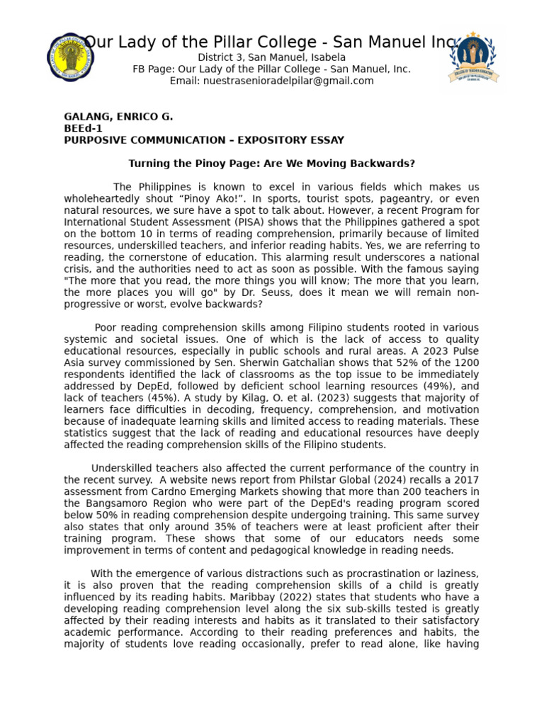 Pcom Expository Galang Enrico G. | PDF | Reading Comprehension | Teachers