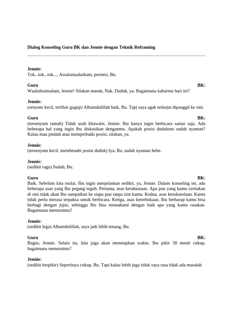 Dialog Konseling Guru BK dan Jennie dengan Teknik Reframing | PDF