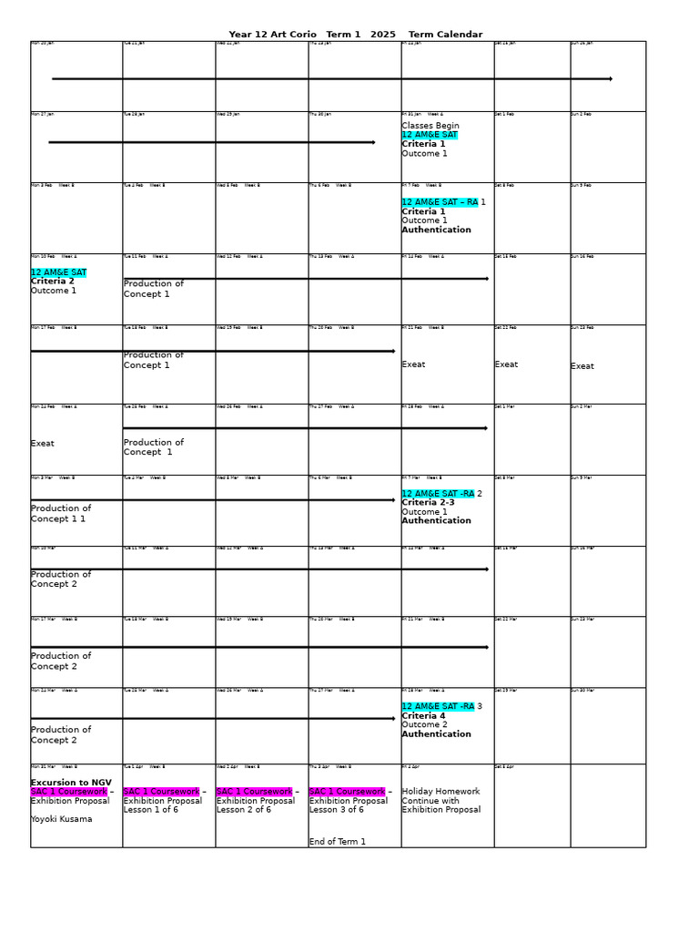 Year 12 Art Term 1 Calendar 2025 | PDF