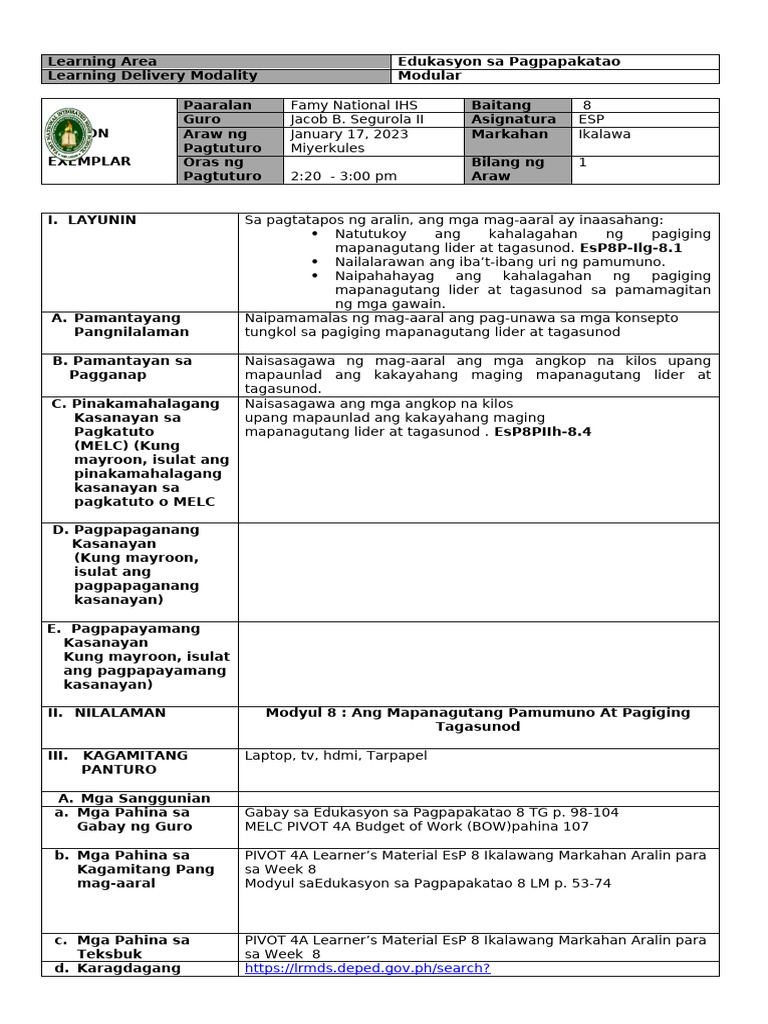 Lesson-Exemplar-MODYUL 8 ESP | PDF