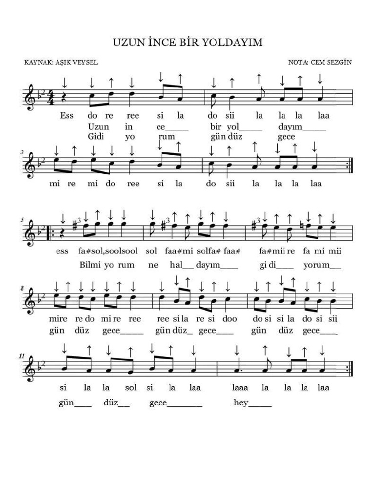 Uzun Ince Bir Yoldayim Nota Solfej | PDF