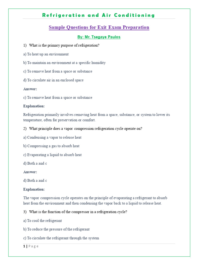 Refrigeration & AC Exam Prep Questions | PDF | Air Conditioning ...