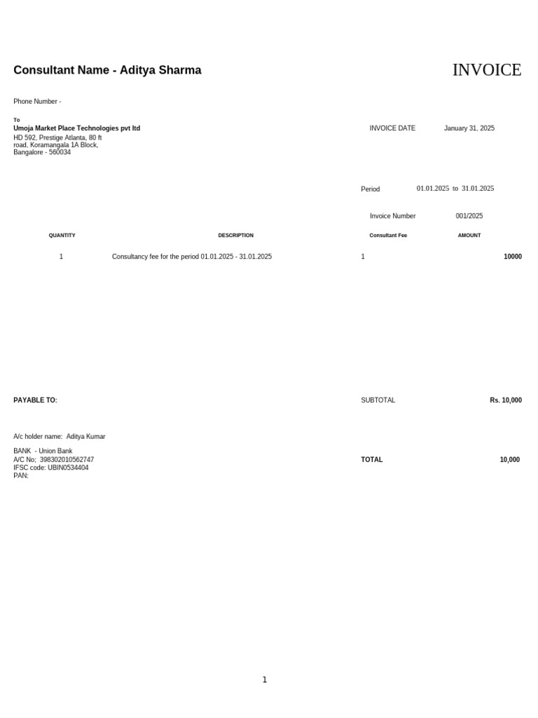 Aditya Consultant Invoice For Jan 2025 | PDF