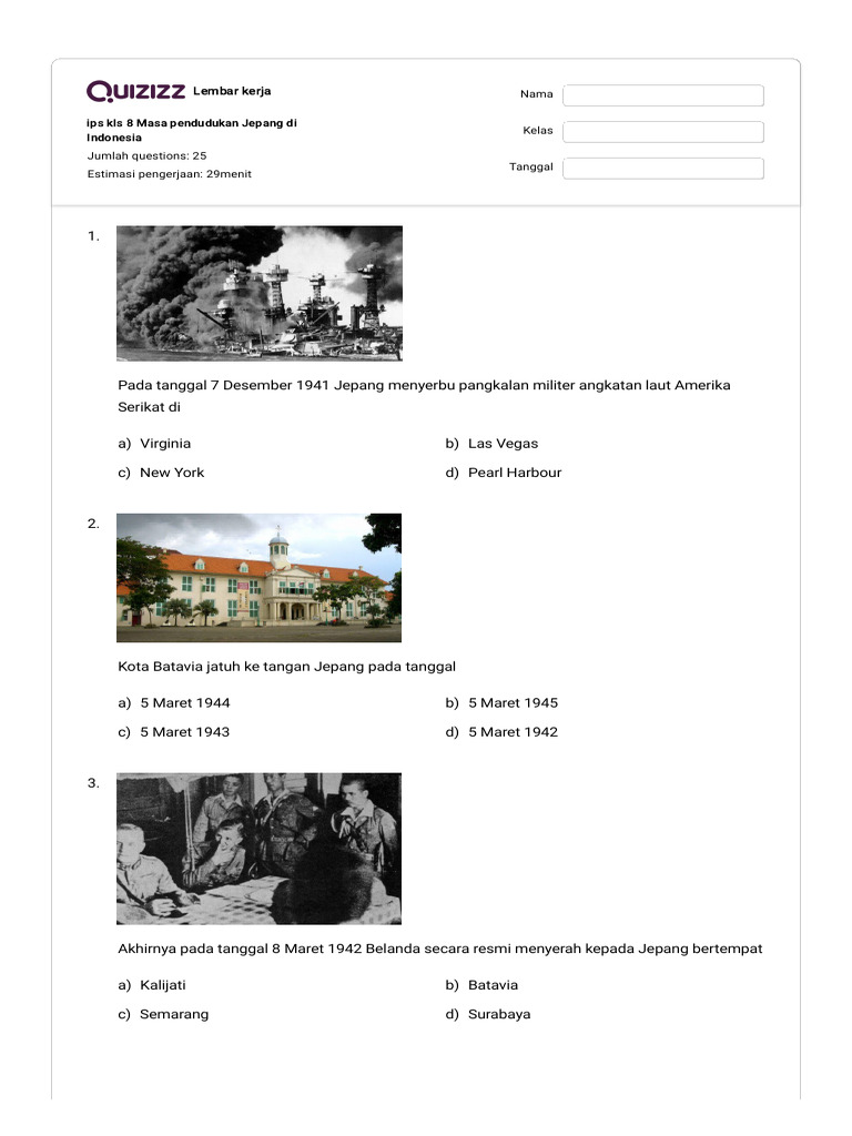 Ips Kls 8 Masa Pendudukan Jepang Di Indonesia - Quizizz | PDF