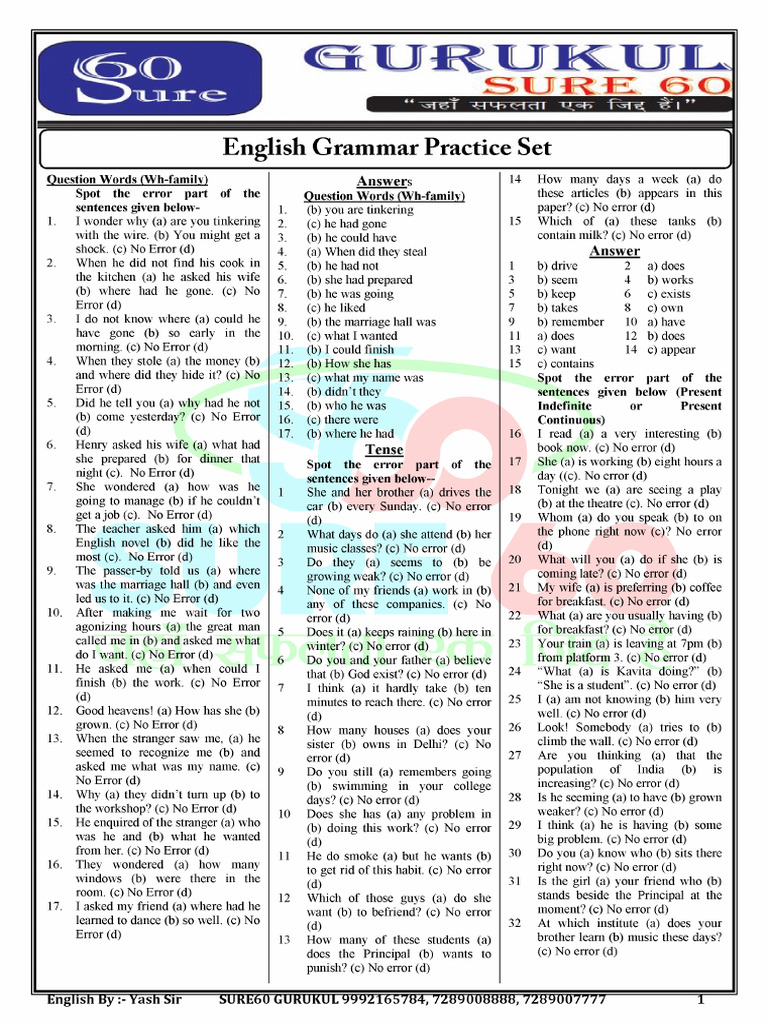 English Grammar Practice Set by Yash Sir | PDF