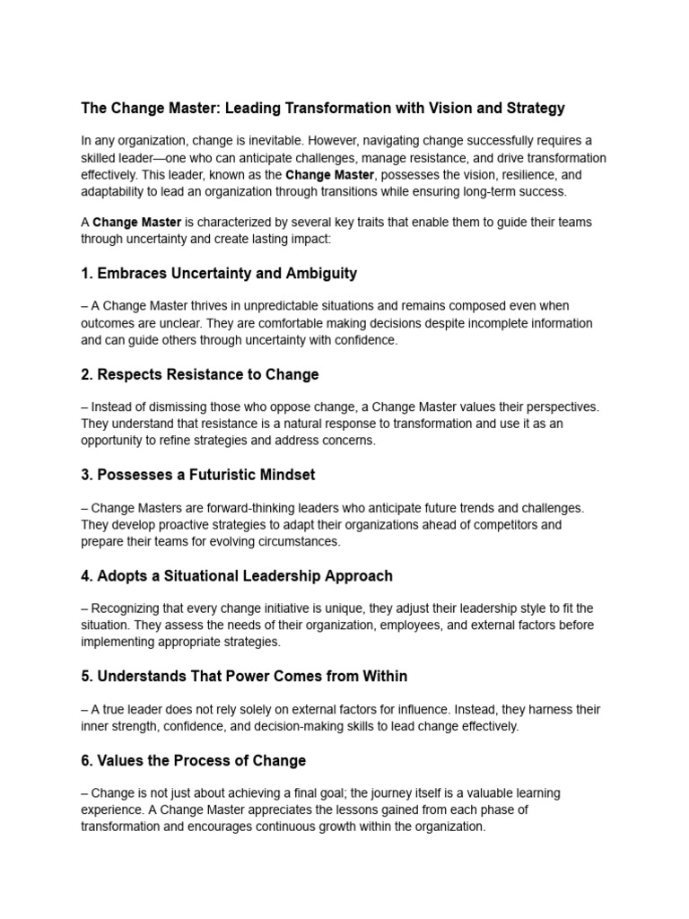 The Change Master Leadership and Transformation | PDF | Leadership ...