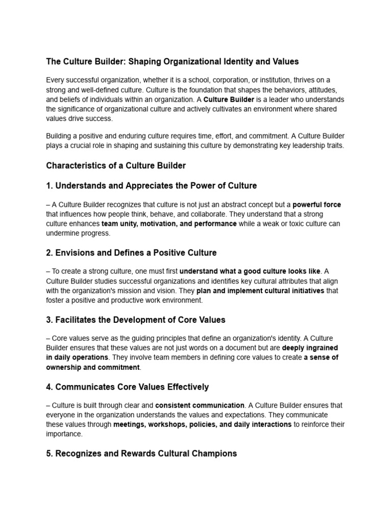 Culture Builder: Shaping Organizational Success | PDF | Leadership ...