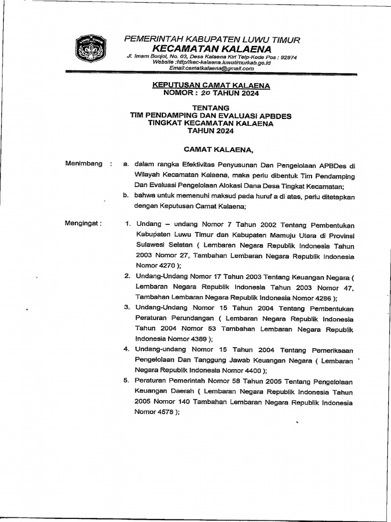 SK Tim Pendamping Dan Evaluasi Apbdes 2024 | PDF