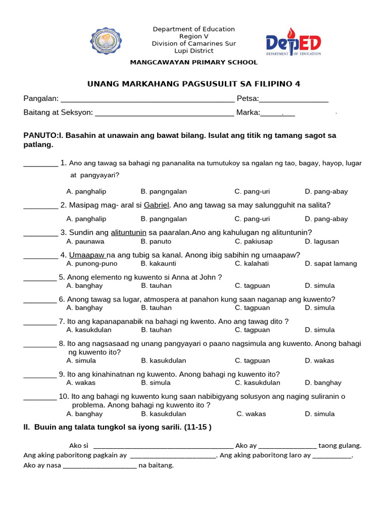 Unang Markahang Pagsusulit Sa Filipino 4 2023-2024 | PDF
