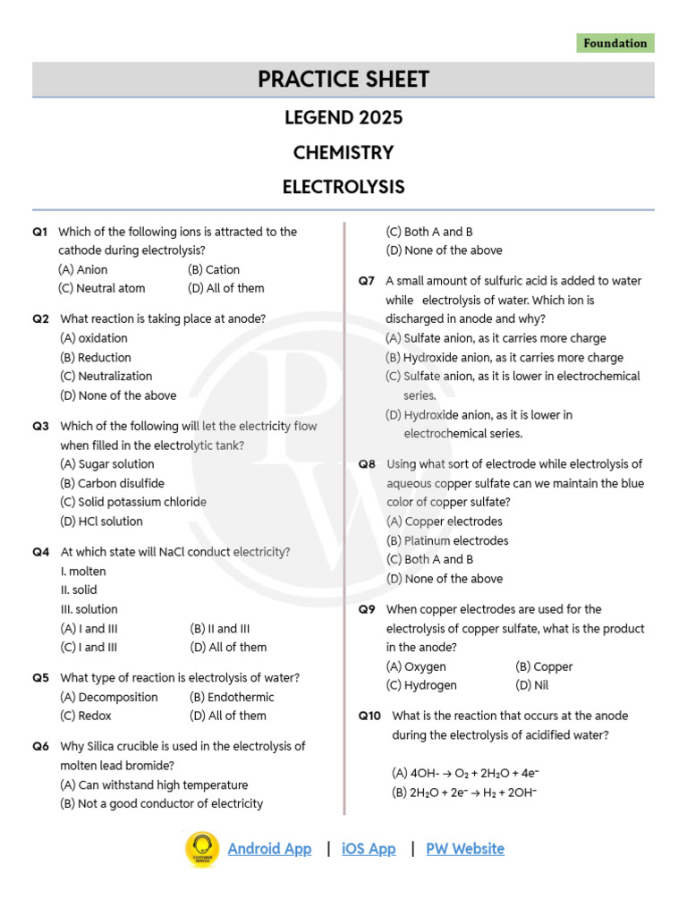 Electrolysis _ Practice Sheet (only PDF) __ Legend 2025 | PDF | Ion ...
