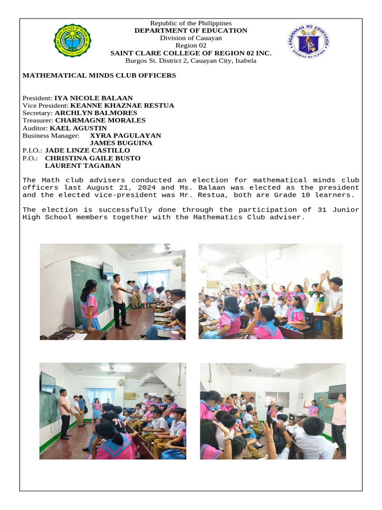 Math Club Action Plan Matrix - 2024-2025 | PDF