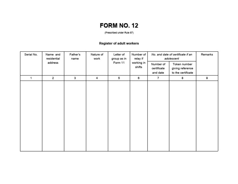 None - Form 12 - Register of Adult Workers - Haryana Factories Act | PDF