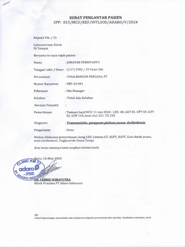 Hasil Follow Up Laboratorium Jonatan | PDF