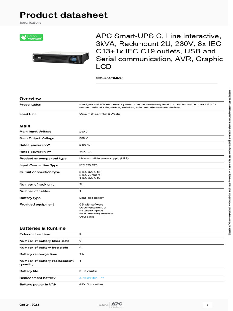 1.17 Product Datasheet Smart-UPS - SMC3000RMI2U | PDF | Electric Power | Manufactured Goods