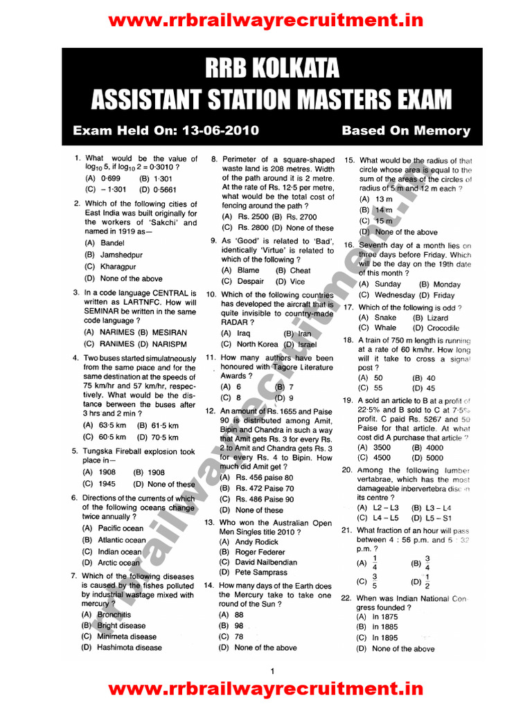 RRB Kolkata ASM 13 06 2010 - WWW - Qmaths.in | PDF