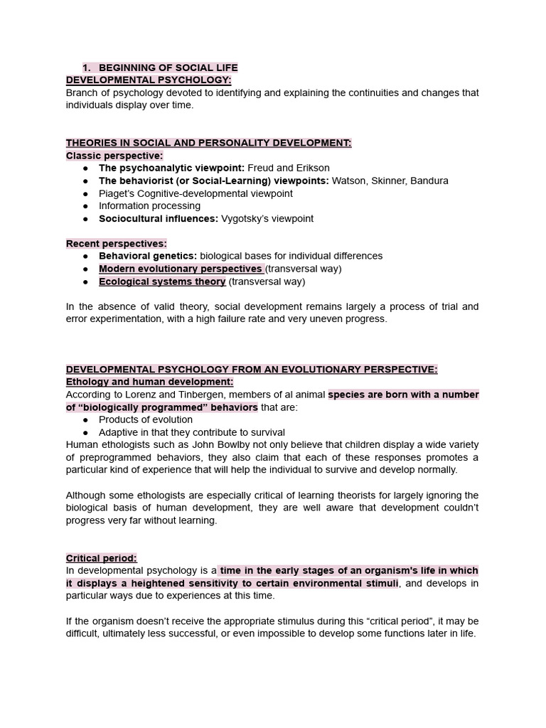 Social and Personality Development Notes | PDF | Ethology | Psychology