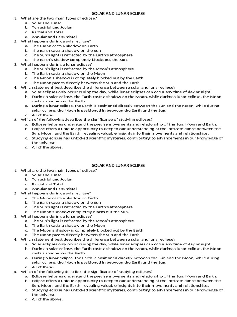Solar and Lunar Eclipse Quiz | PDF | Eclipse | Solar Eclipse
