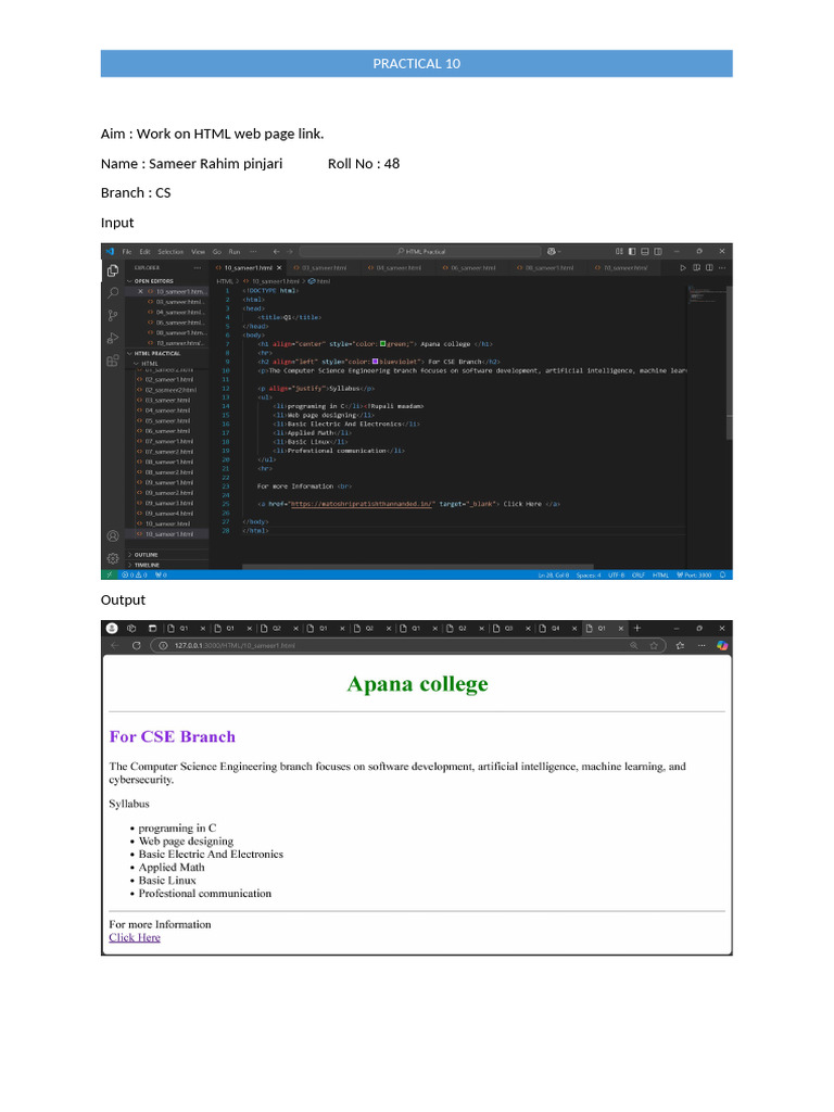 Aim: Work On HTML Web Page Link. Name: Sameer Rahim Pinjari Roll No: 48 Branch: CS Input | PDF