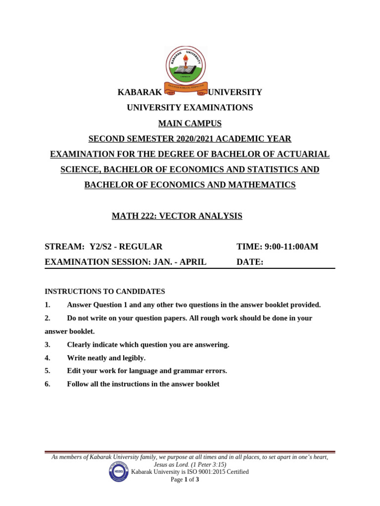 Math 222 Vector Analysis - Kabarak University | PDF | Linear Algebra | Mathematics