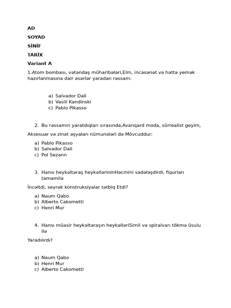 AD Soyad Sinif Tarix Variant A | PDF