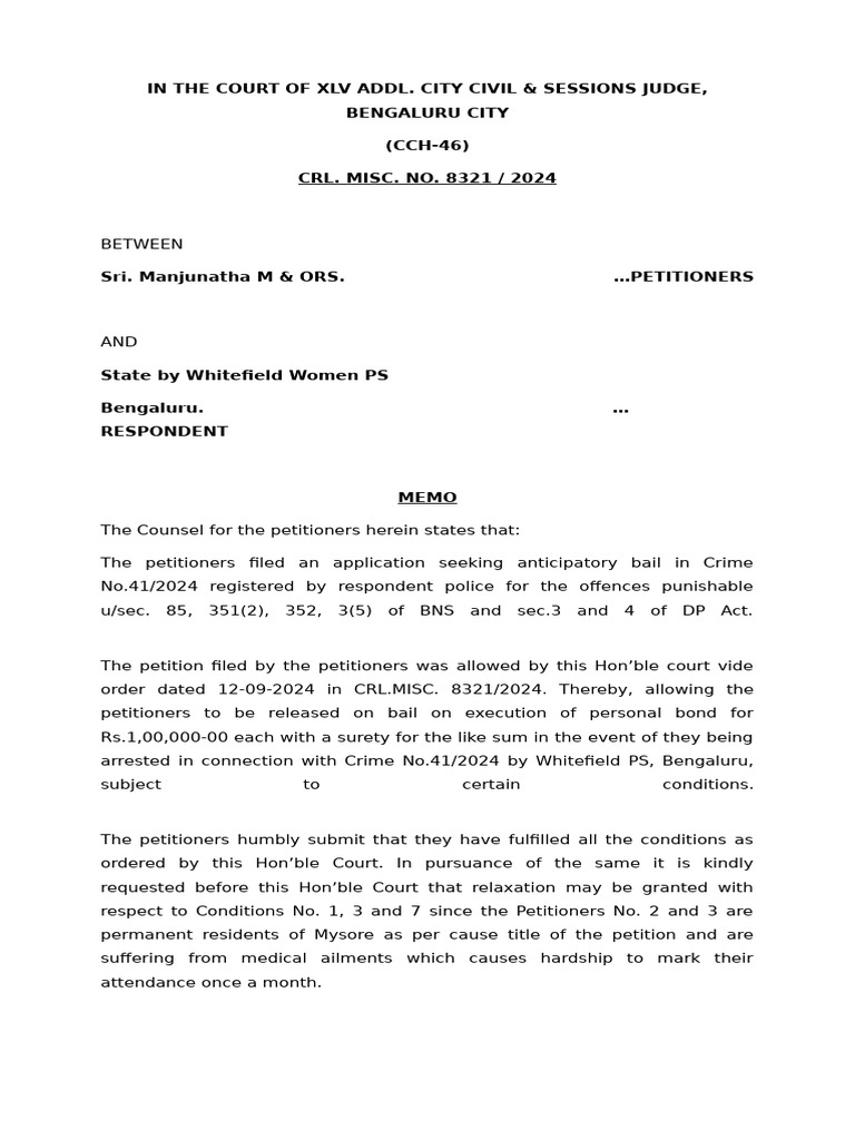 Anticipatory Bail Petition in Bengaluru | PDF