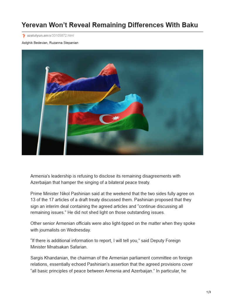Azatutyun - Am-Yerevan Wont Reveal Remaining Differences With Baku ...