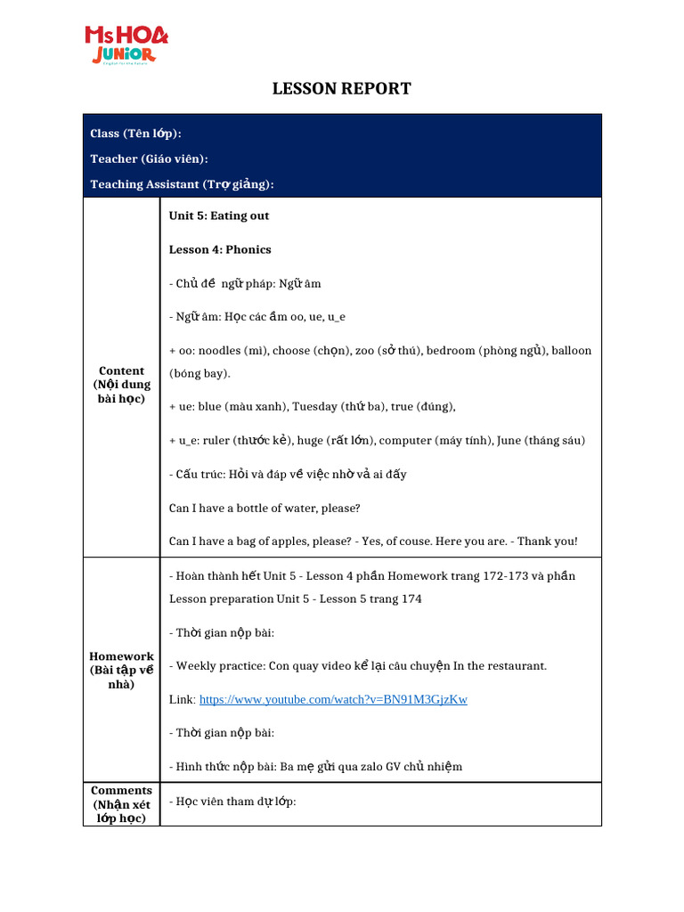 Form Lesson Report - U5 - L4 - Explorer 3 | PDF