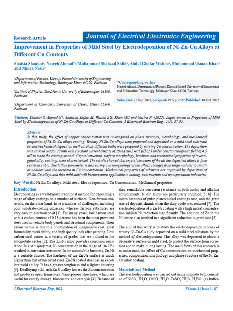 Improvement in Properties of Mild Steel by Electrodeposition of Nizncu Alloys at Different Cu ...