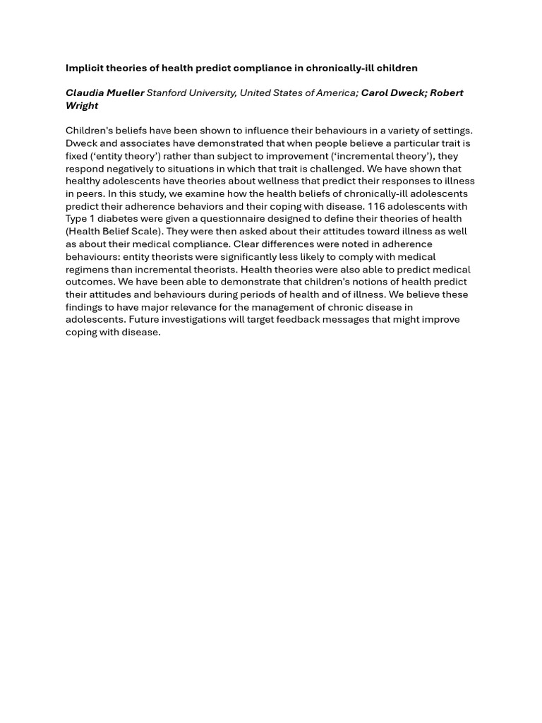 Implicit Theories of Health Predict Compliance in Chronically | PDF