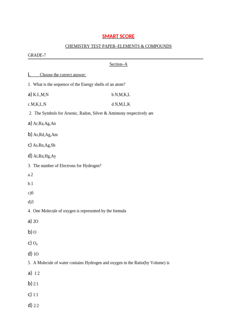 Grade 7 Chemistry Test: Elements & Compounds | PDF