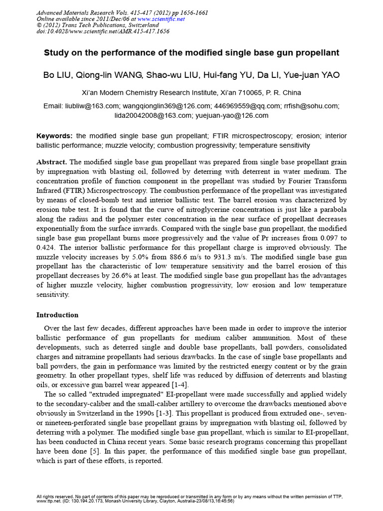 Study On The Performance of The Modified Single Base Gun Propellant ...