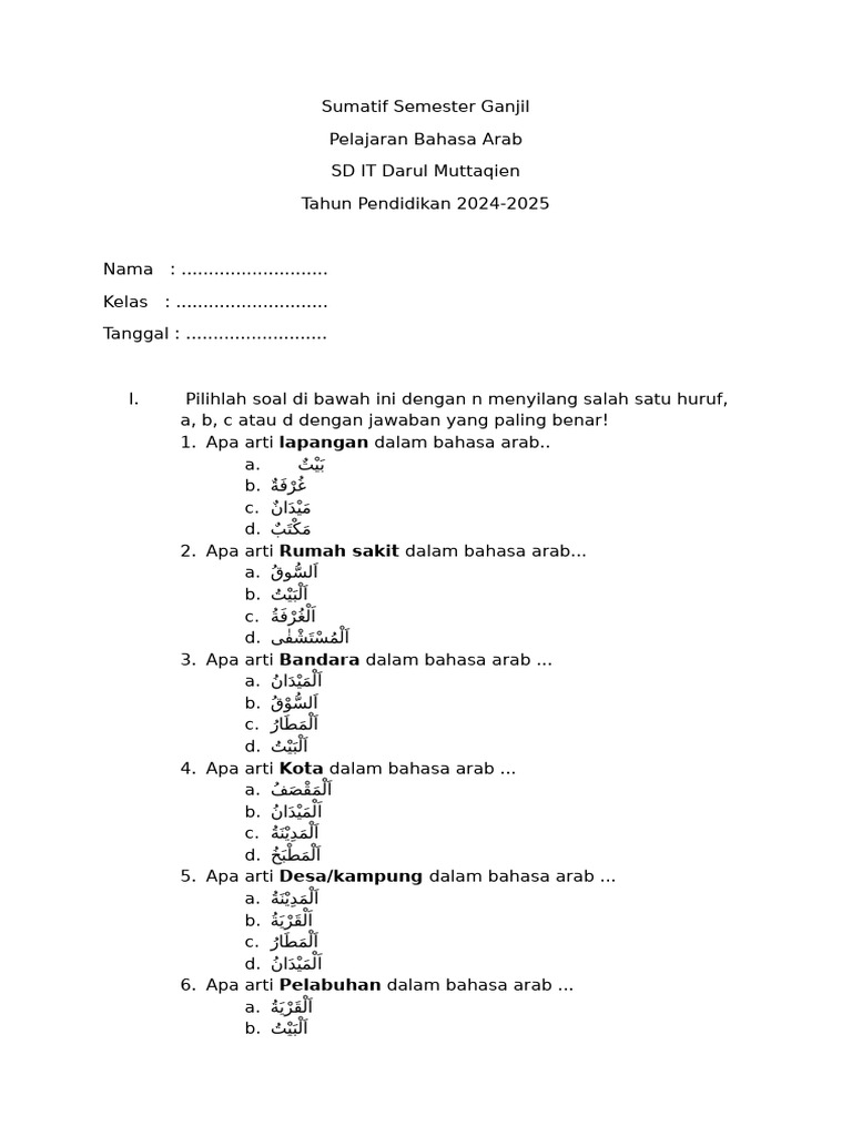 Sumatif Semester Ganjil Bahasa Arab Kelas 6 | PDF
