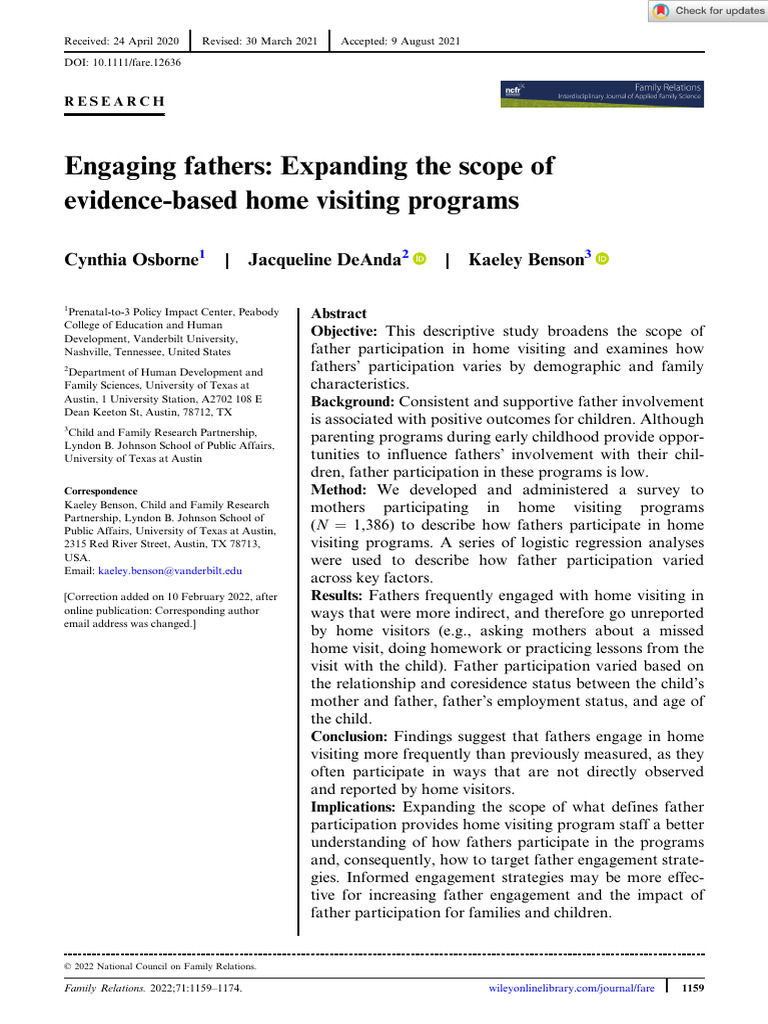 Family Relations - 2022 - Osborne - Engaging Fathers Expanding The Scope of Evidence Based Home ...