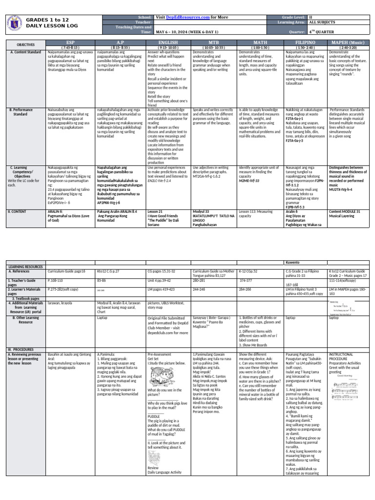DLL_ALL SUBJECTS 2_Q4_W6_D1 | PDF