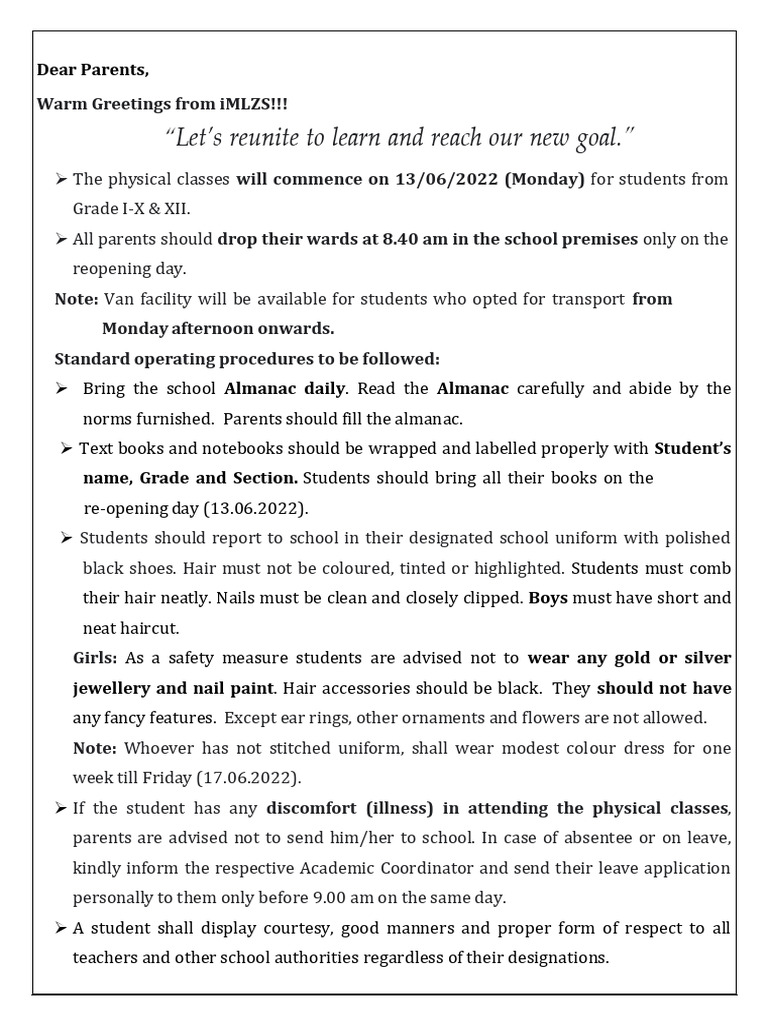 iMLZS School Reopening Guidelines 2022 | PDF