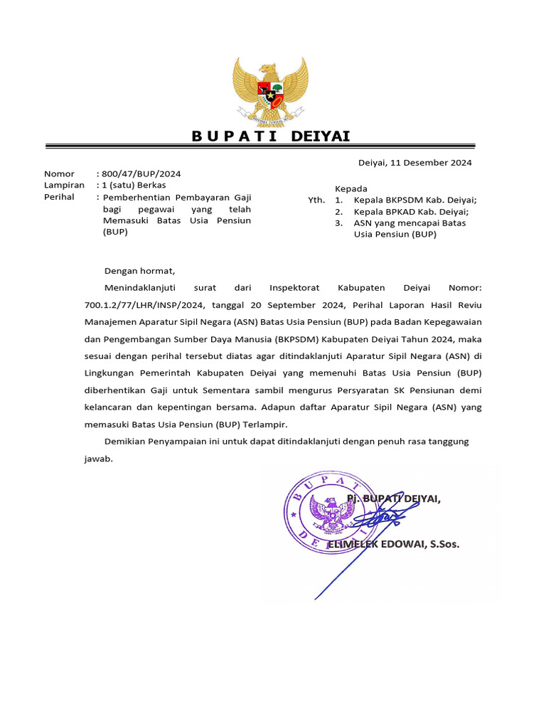 Pemberhentian Gaji ASN BUP Deiyai | PDF