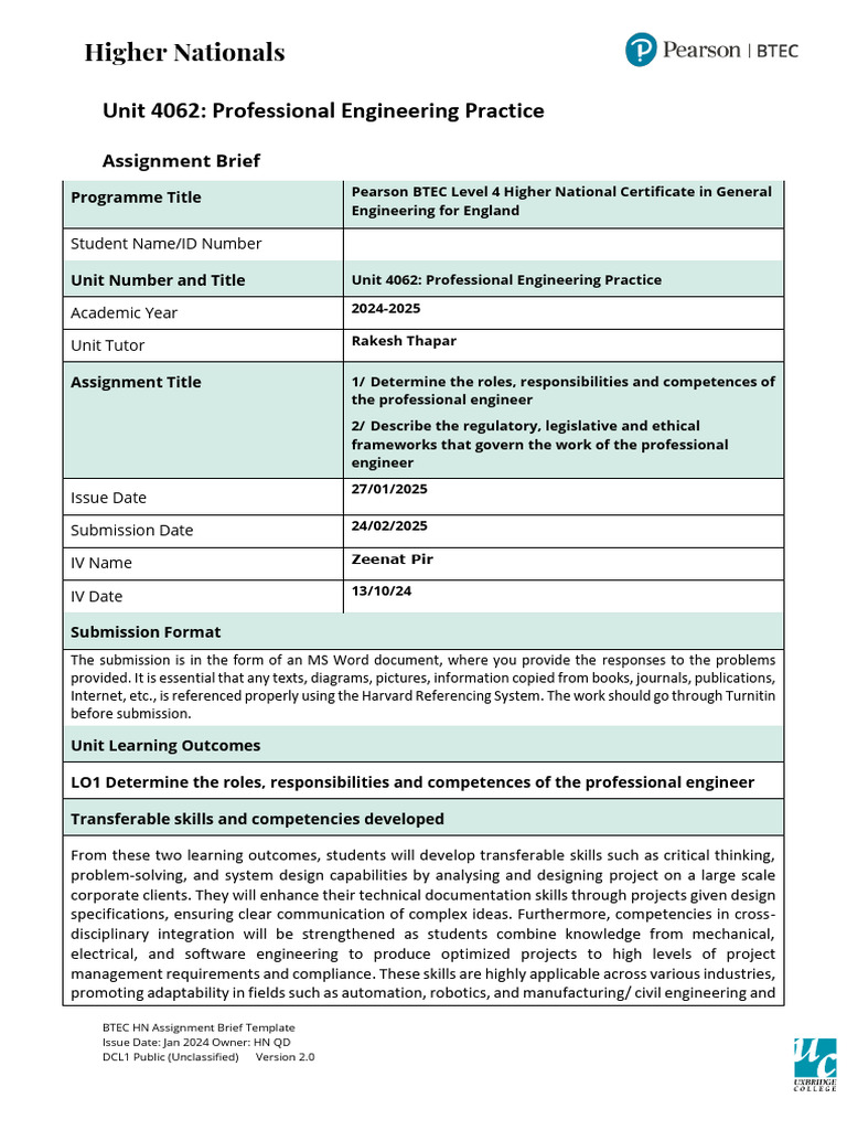 Unit 4062 - Professional Engineering Practice - Assignment 1 1 | PDF ...