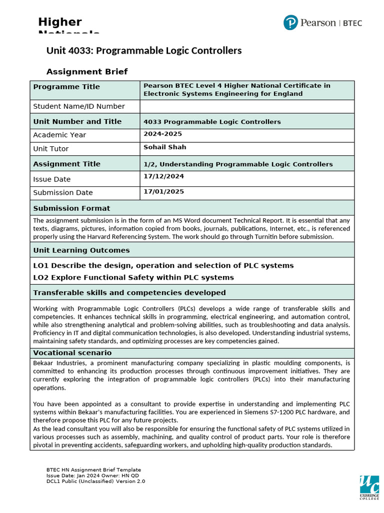 Unit 4033-Assignment 1-PLCs V3 | PDF | Programmable Logic Controller | Safety