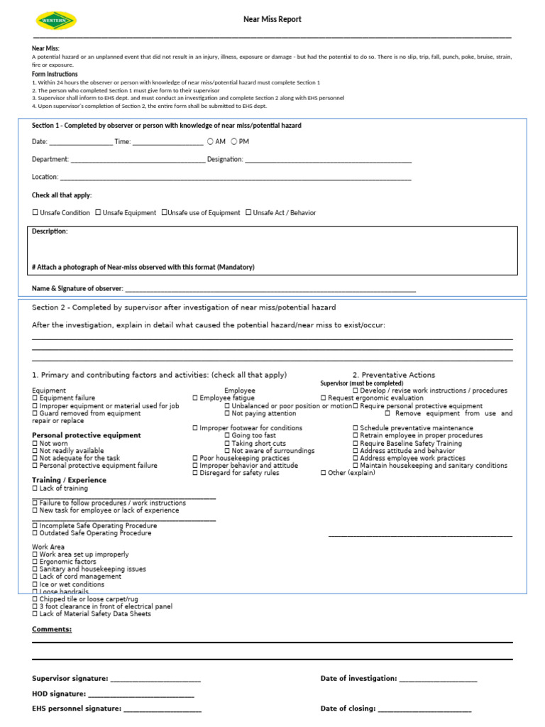 WRLSAN - F - EHS - 03 - Near Miss Investigation Report | PDF