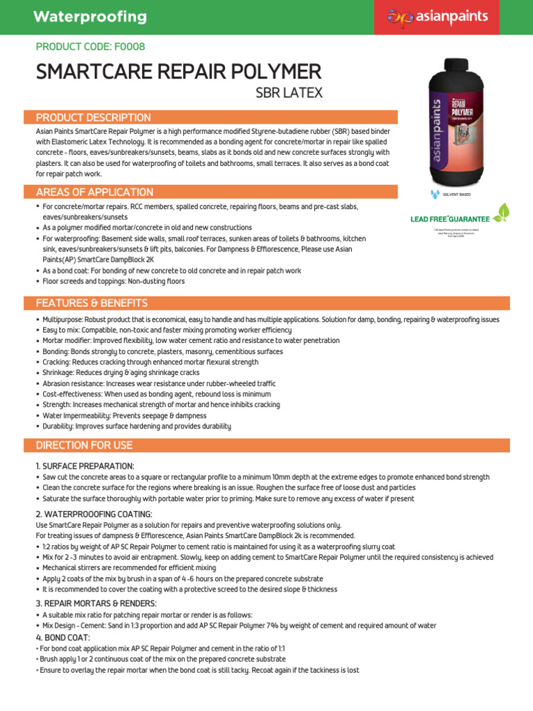 Asian Paints SmartCare Repair Polymer Guide | PDF | Concrete | Mortar ...
