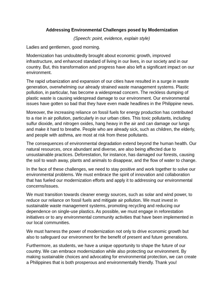 Speech Addressing Environmental Challenges | PDF | Air Pollution ...