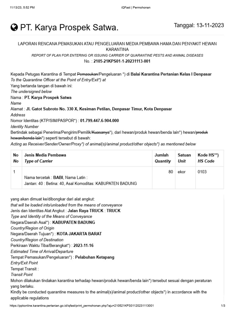 Laporan Karantina PT. KPS | PDF