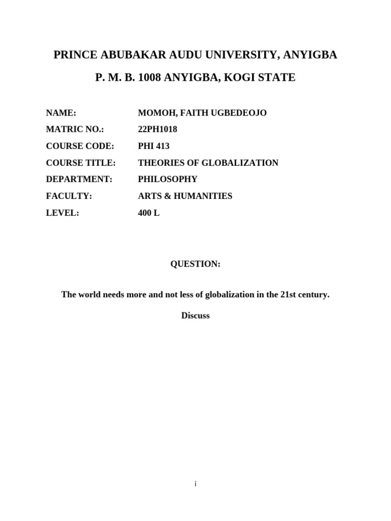 PHI 413 MOMOH, FAITH UGBEDEOJO | PDF | Globalization | Innovation