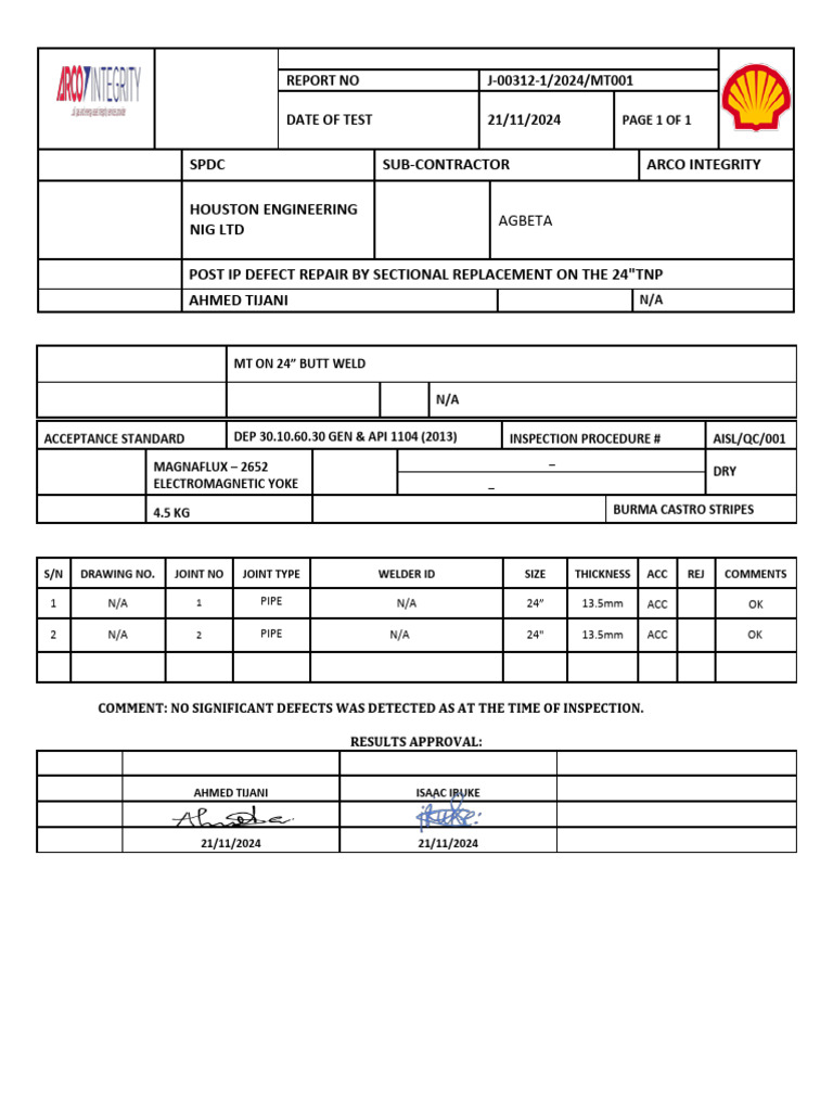 AGBETA MPI BUTT WELD REPORT Correct | PDF | Welding | Construction
