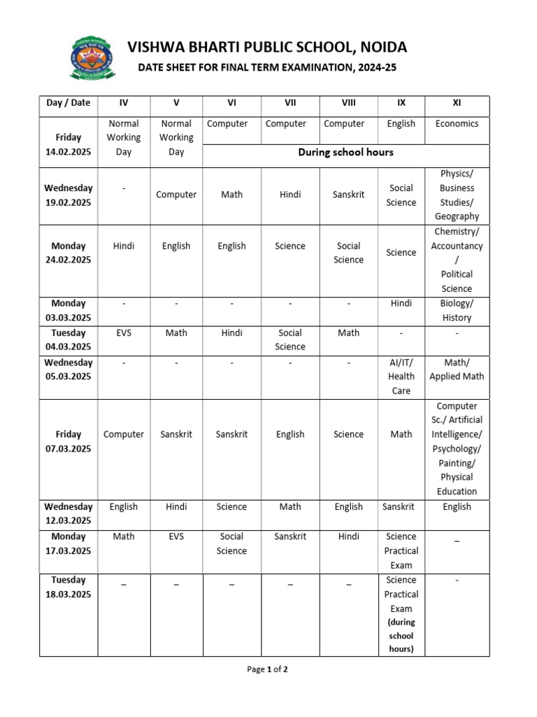 Vishwa Bharti School Final Exam Schedule 2025 | PDF | Science