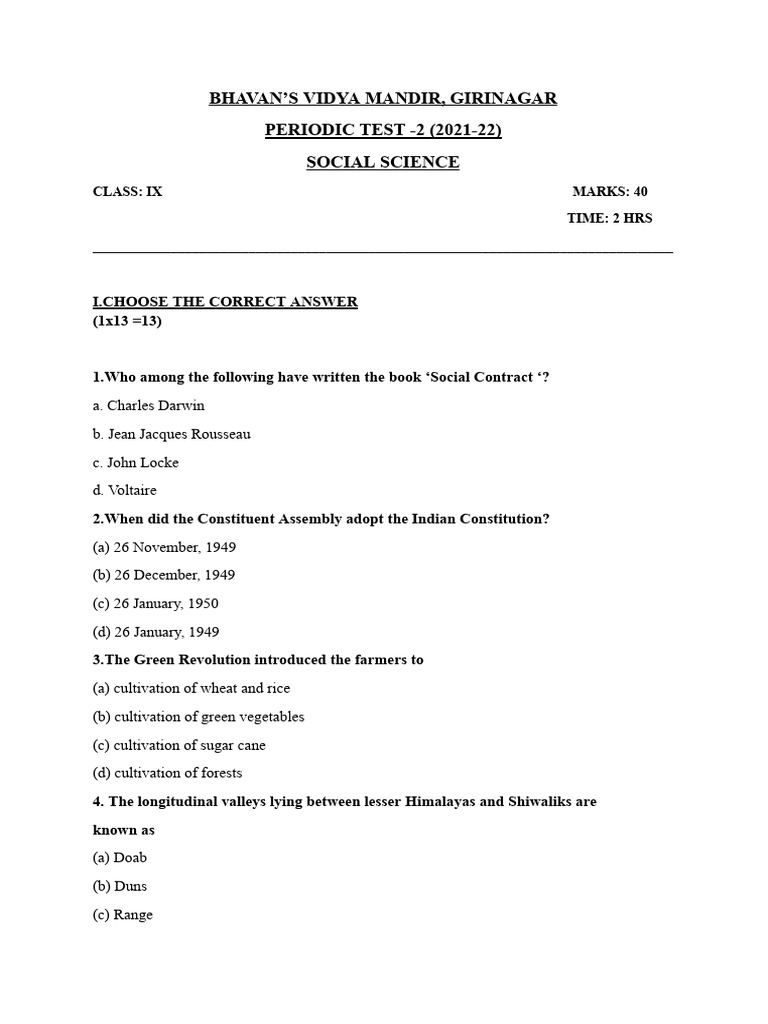 Class Ix Periodic Test Ii (25-10-2021) | PDF