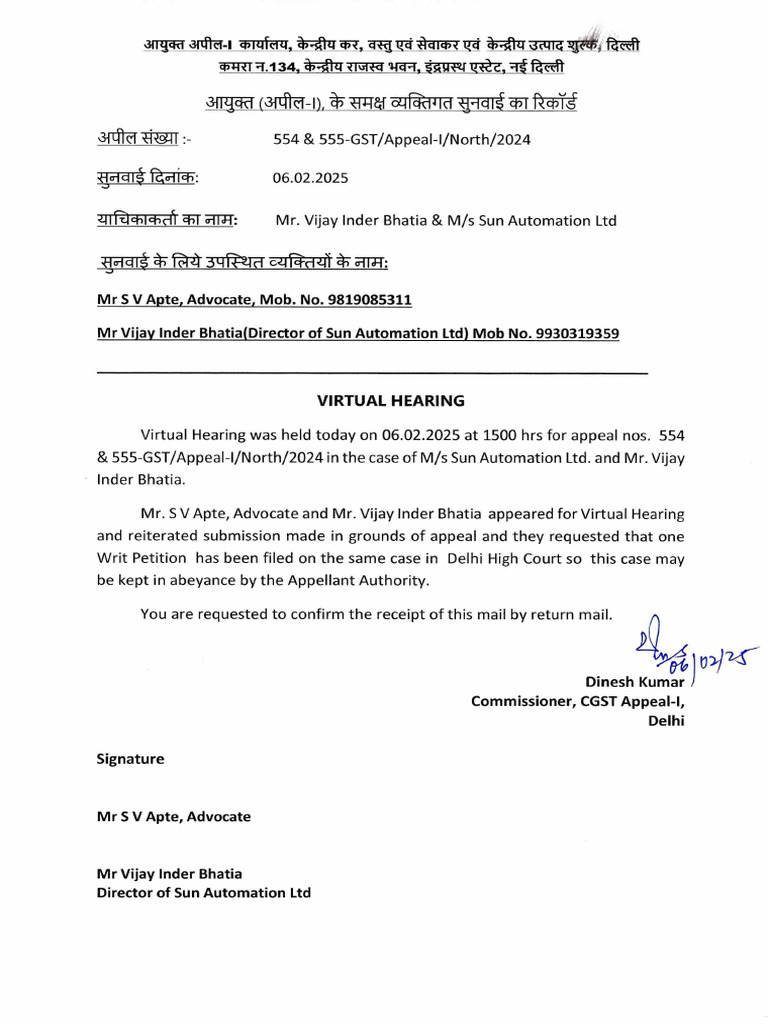 Virtual Hearing Appeal Summary: Sun Automation Ltd | PDF