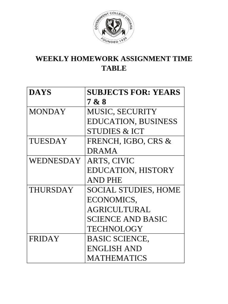 Weekly Homework Schedule for Years 7 & 8 | PDF
