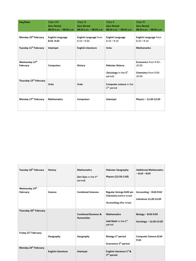 Test Week 1 Timetable Classes VIII - XI 2025 | PDF | Science | Mathematics