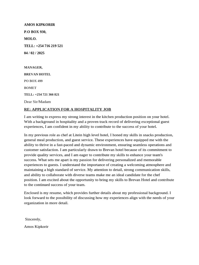 Amos Kipkorir - Brevan Hotel | PDF